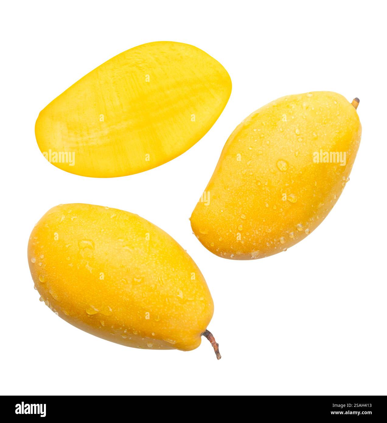Top view set of two ripe yellow mangoes with half and water drops is ...
