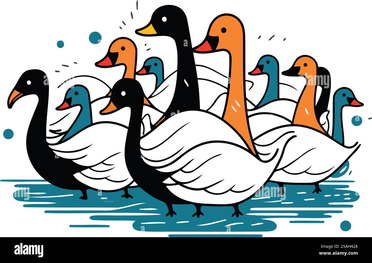 Illustration of a flock of swans on the water. Vector illustration ...