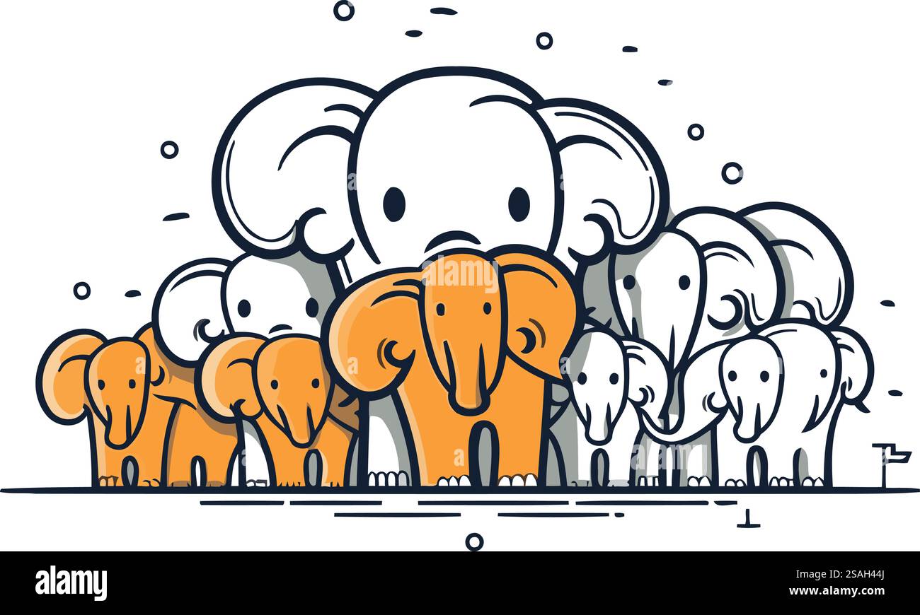 group of elephants. Cute cartoon animals. Hand drawn vector ...