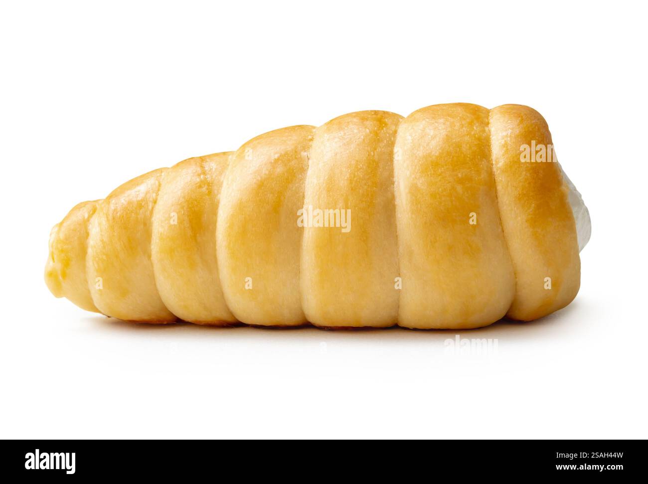 Side view of one puff pastry cream horn is isolated on white background ...