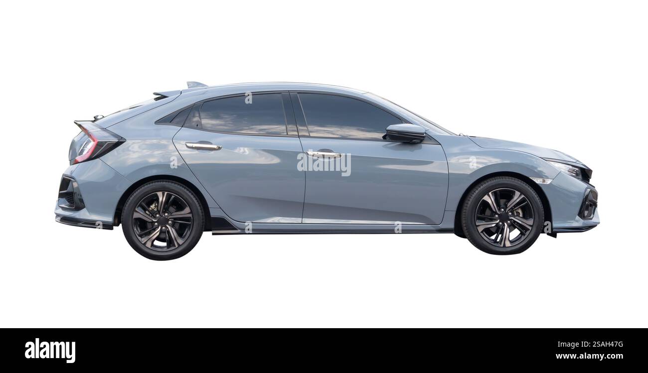 Side view of light blue medium sports hatchback car is isolated on ...