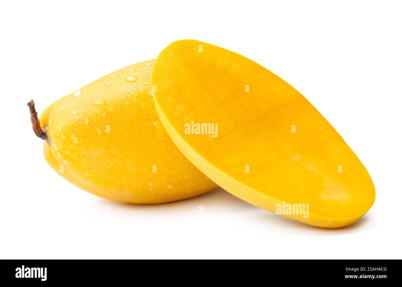 Single ripe yellow mango with half and water drops in stack is isolated ...