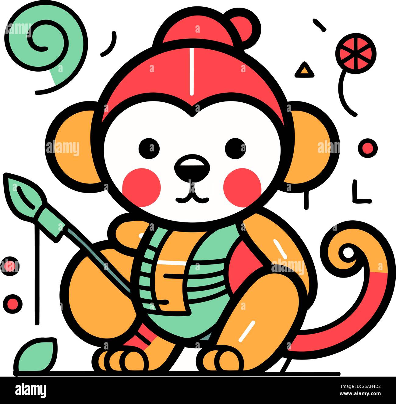 Cute monkey with a paintbrush. Vector illustration in linear style ...