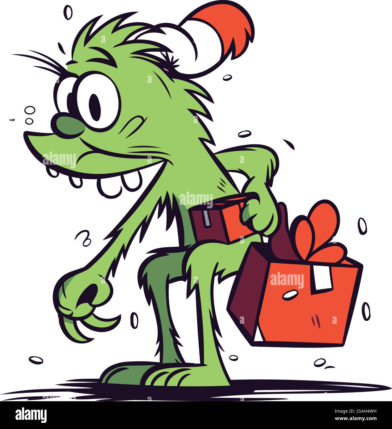 Cartoon illustration of a funny monster holding a gift box. Vector clip ...