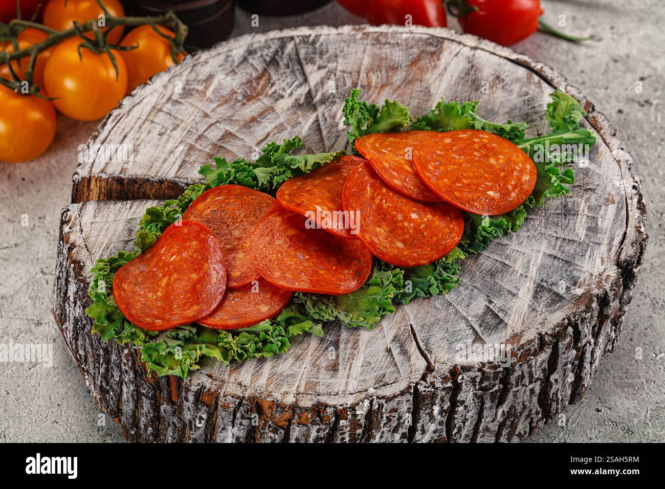 Spanish salami cured chorizo sausage slices Stock Photo - Alamy