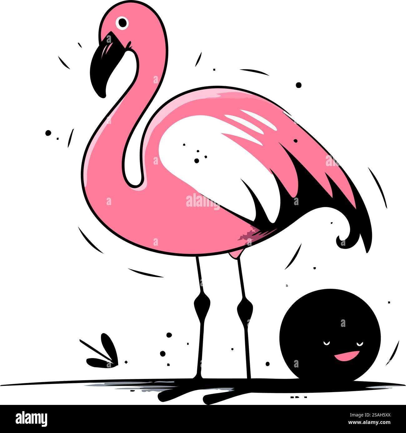 Flamingo with a ball. Hand drawn vector illustration in cartoon style ...