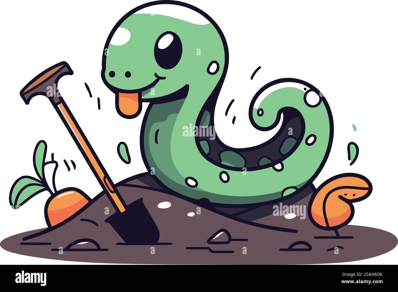 Green snake digging a hole with a shovel. Vector cartoon illustration ...