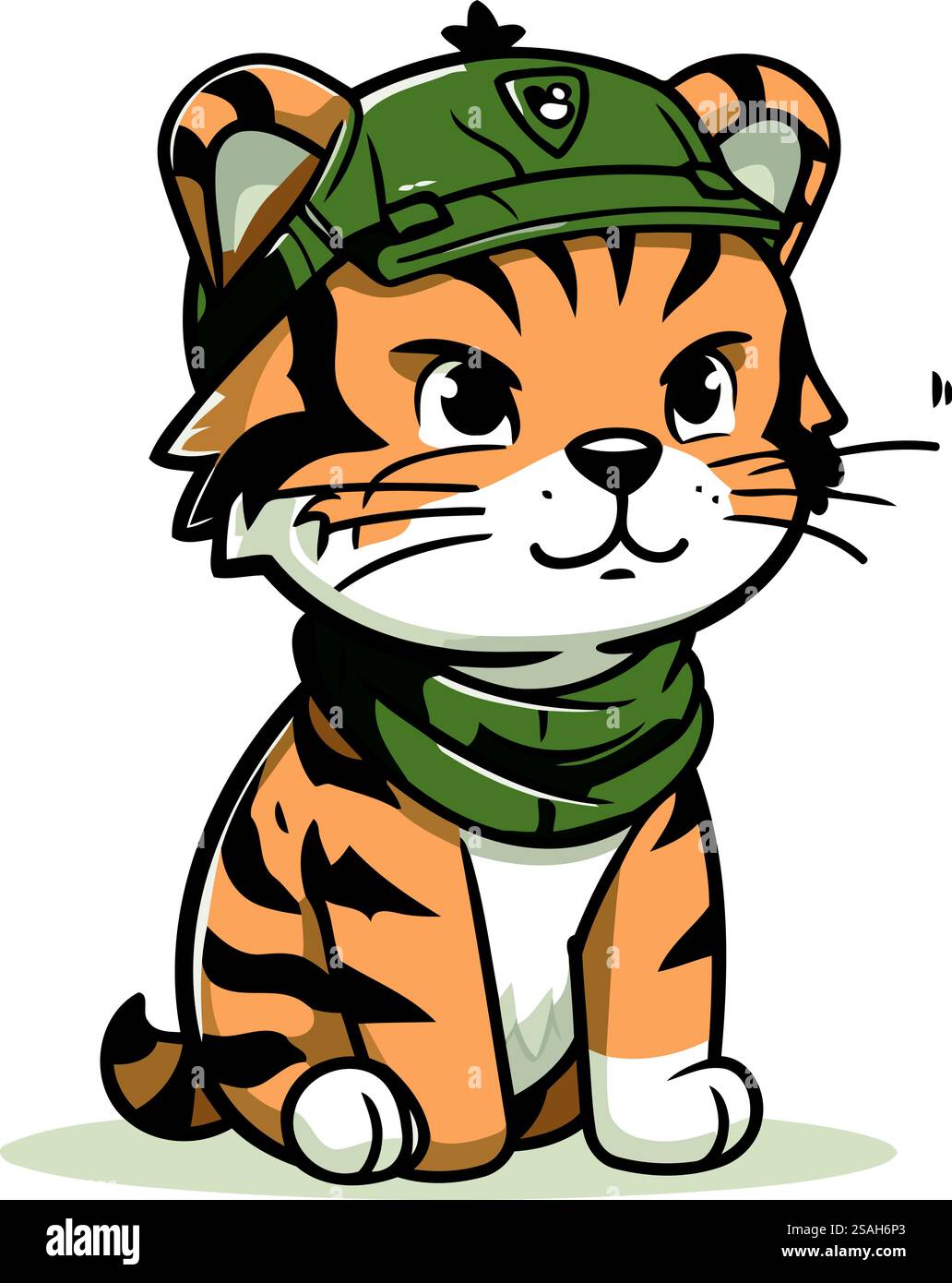 Cute tiger in a military cap and green scarf. Vector illustration Stock ...