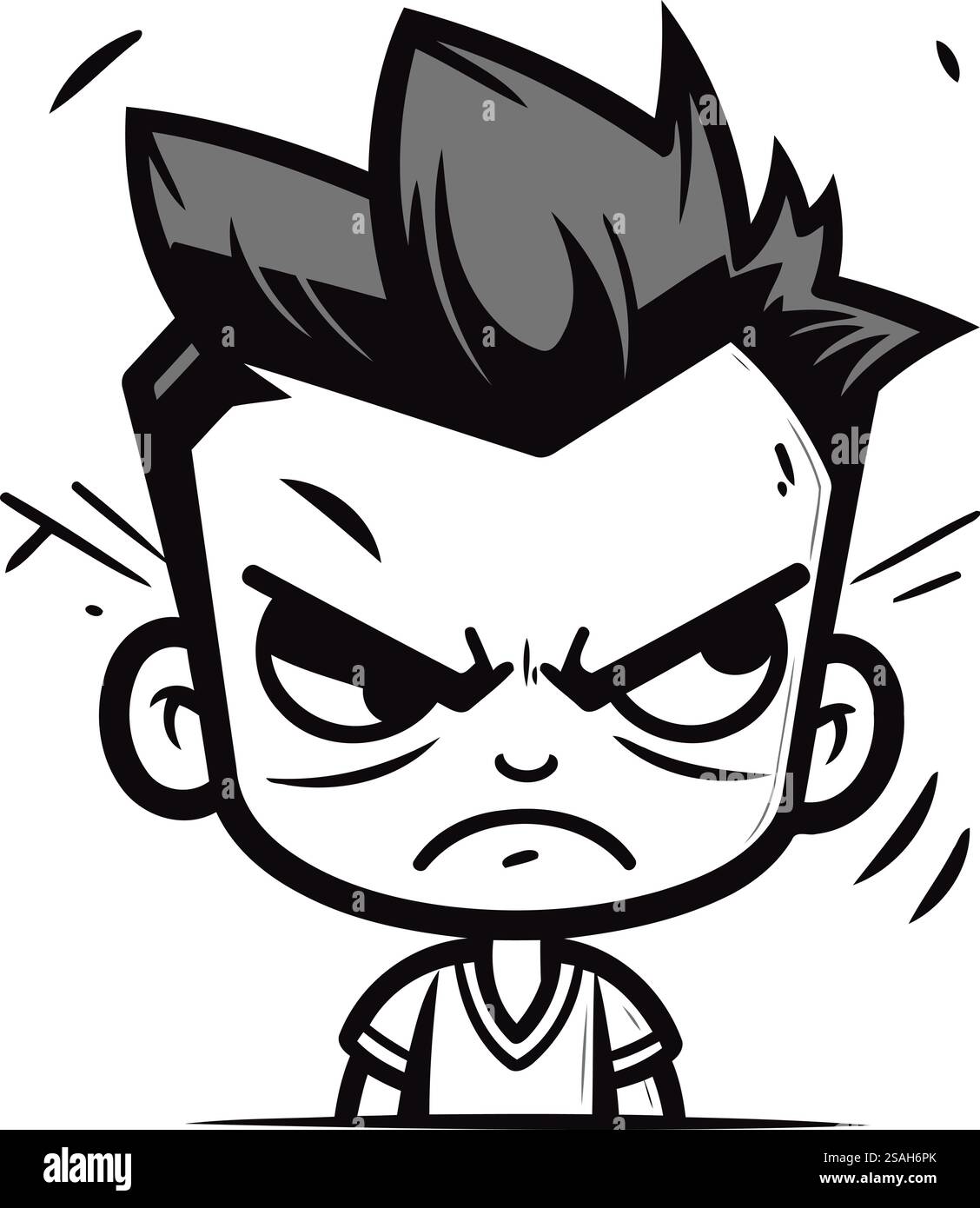 Angry cartoon boy. Vector illustration. Black and white version Stock ...