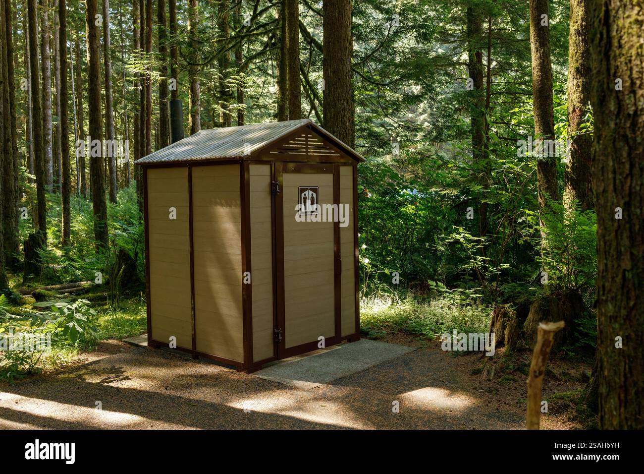 Public restroom facility with tan and brown exterior, located along ...