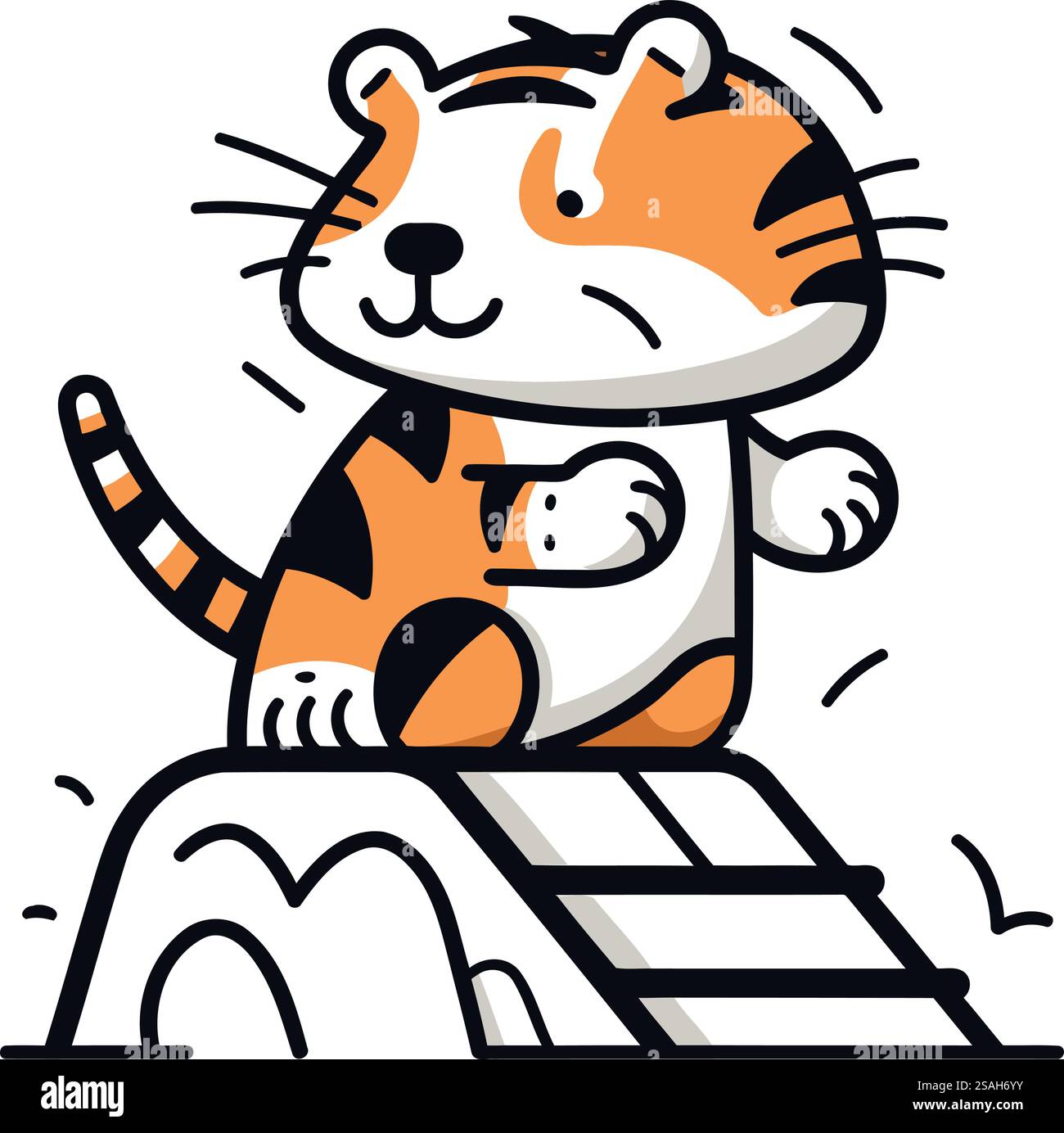 Cute cartoon tiger sitting on the top of the stairs. Vector ...