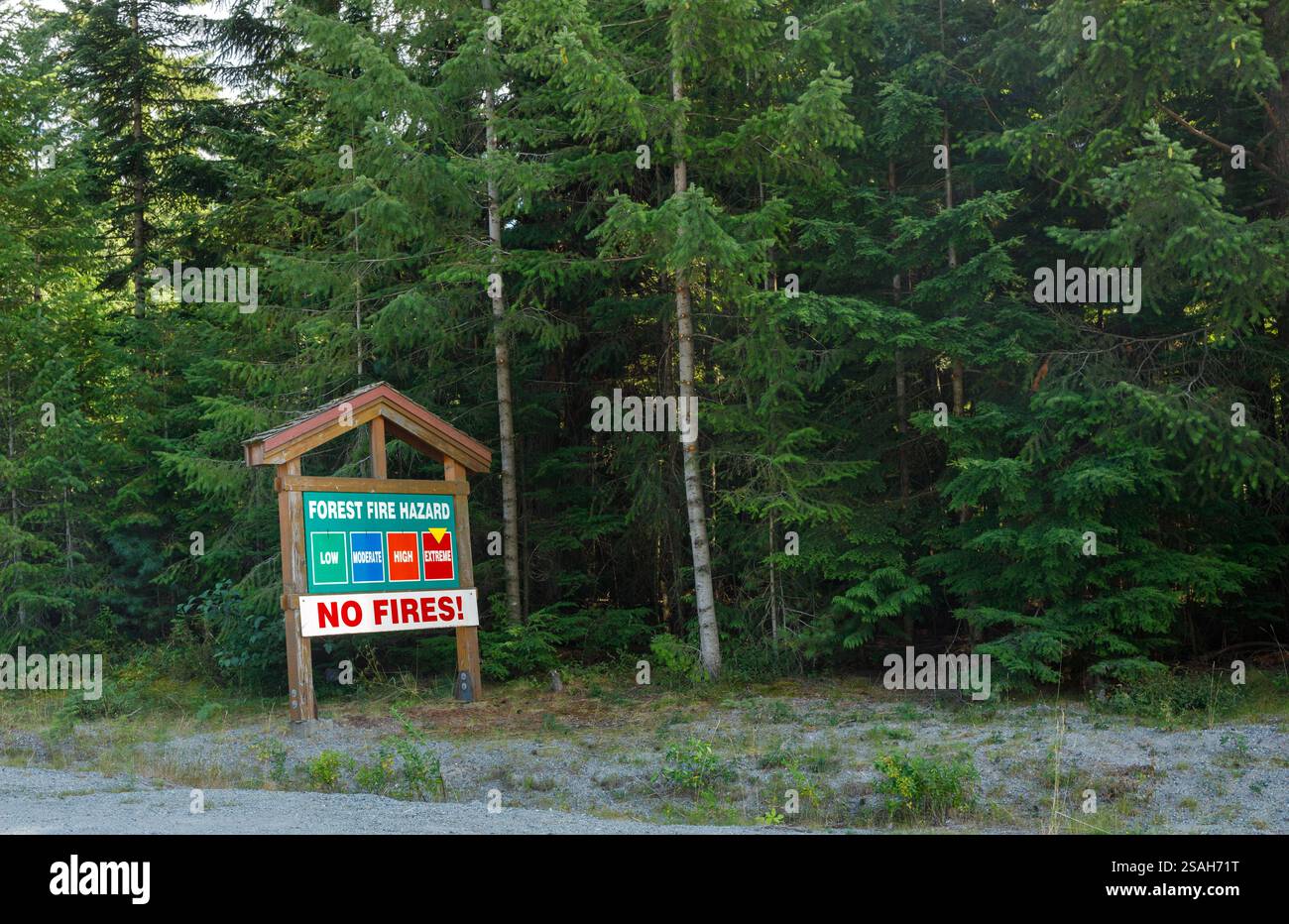Forest fire hazard warning sign with danger level indicators and "NO ...