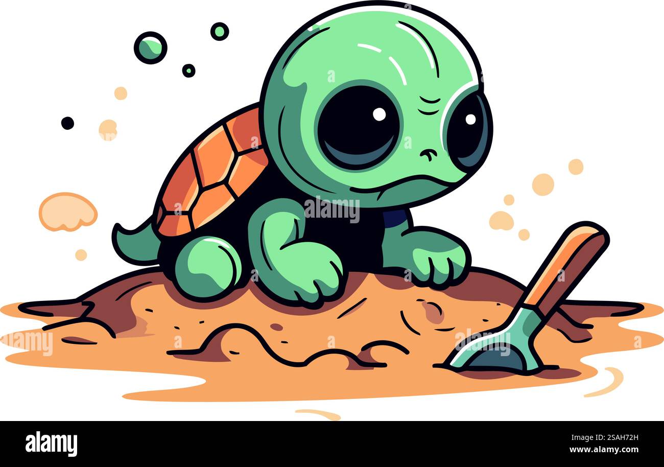 Cute little turtle in the sand. Vector illustration in cartoon style ...