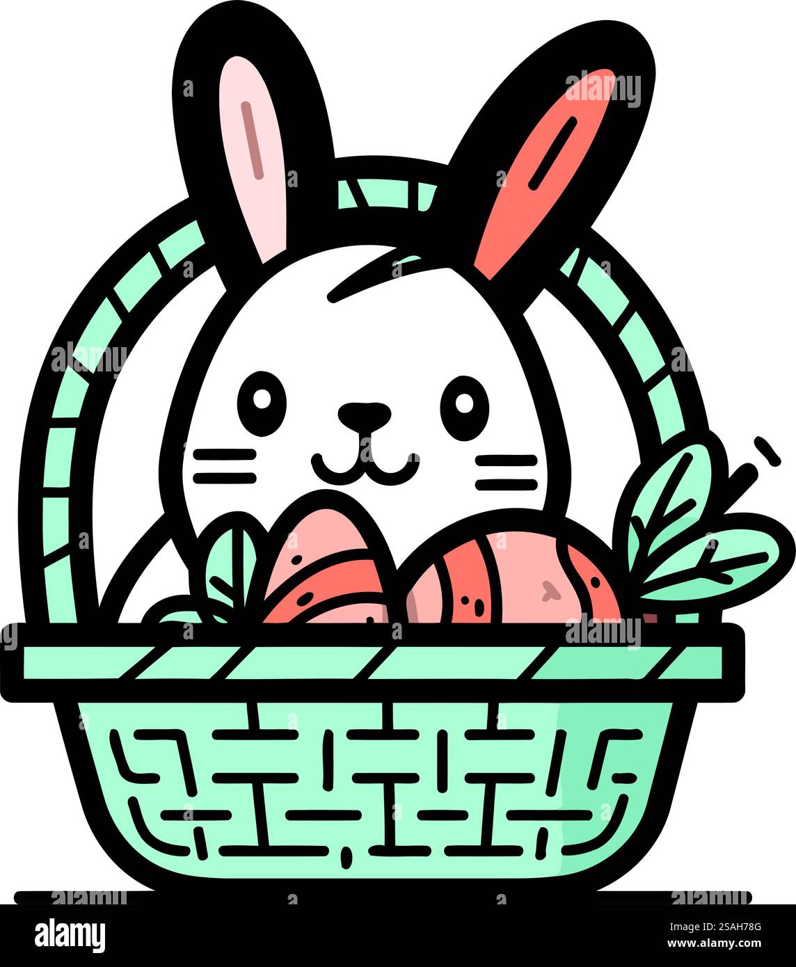 Cute Easter bunny in a basket with eggs. Vector illustration Stock ...
