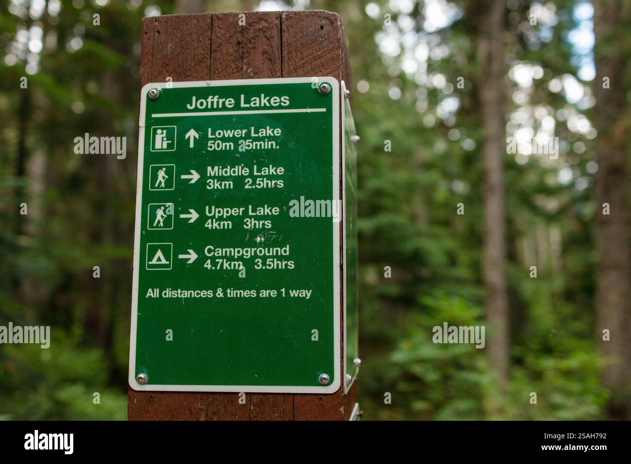 Trail marker for Joffre Lakes showing distances and hiking times to ...