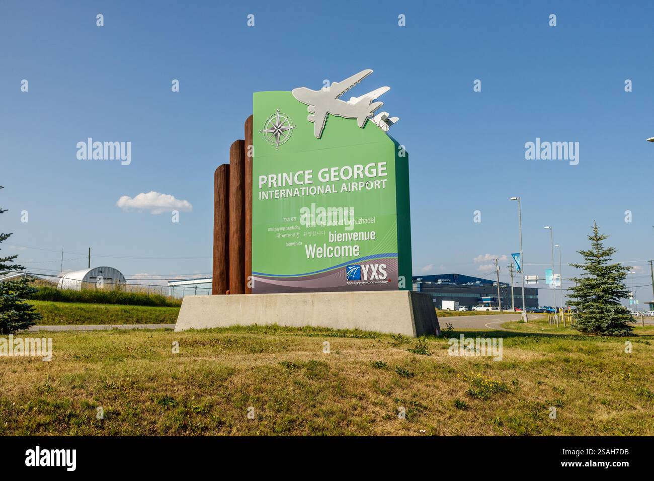 Prince George, Canada - August 25,2022: Large green welcome sign for Prince George International ...
