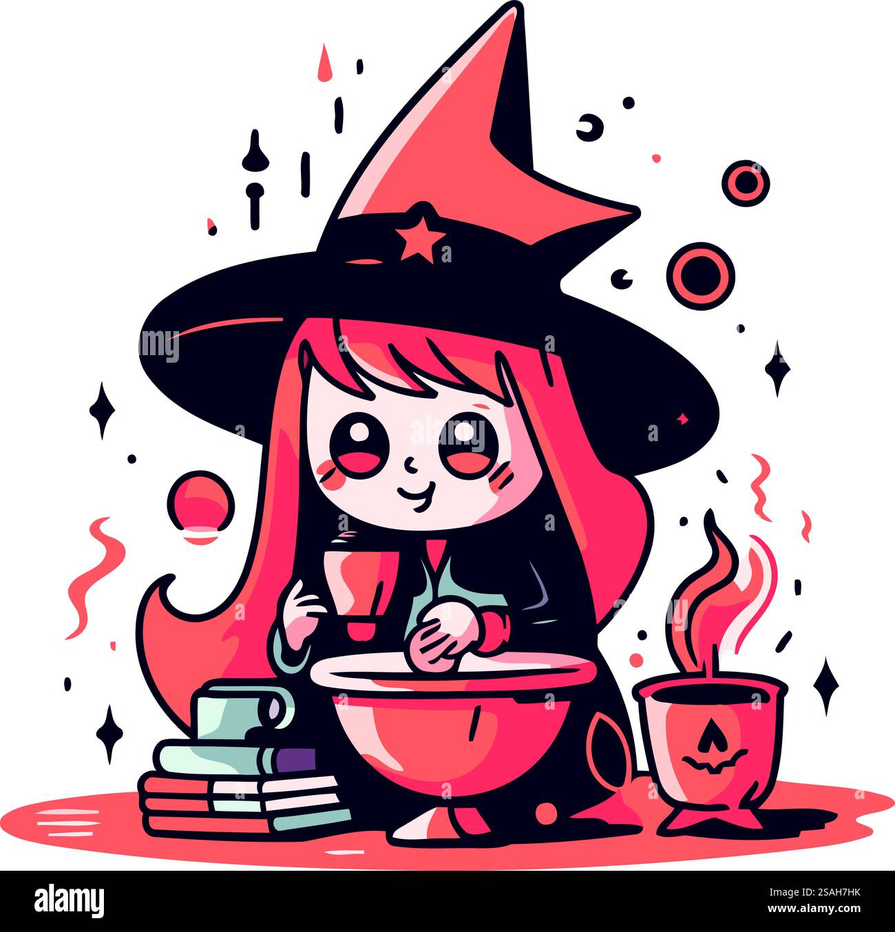Cute cartoon girl in witch costume with magic potion. Vector ...