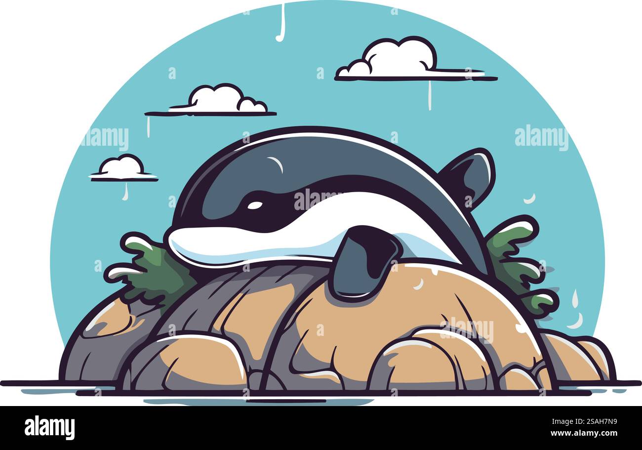 Cute cartoon killer whale on the rock. Vector illustration in flat ...