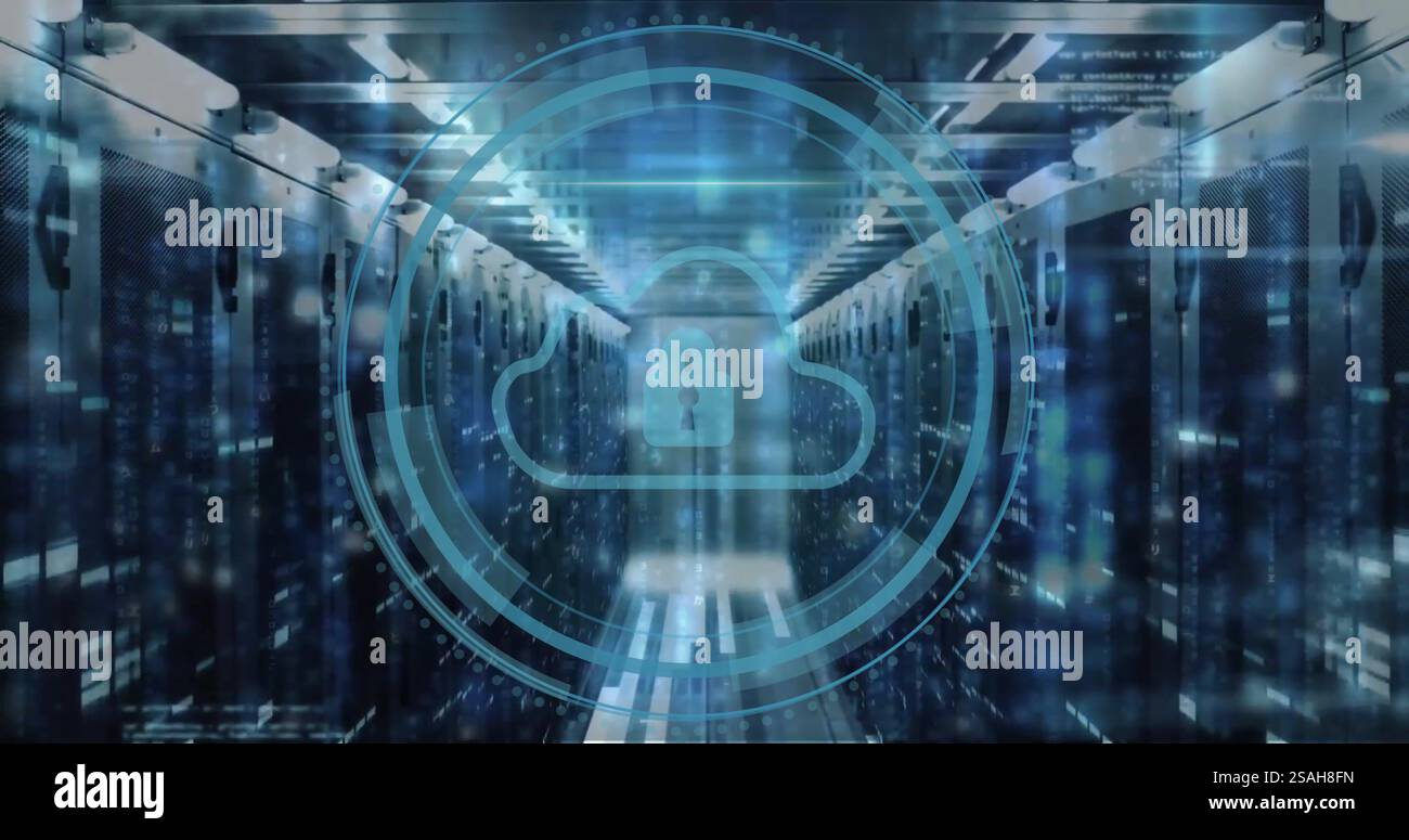 Image of cloud icon and digital data processing over computer servers. Global cyber security ...