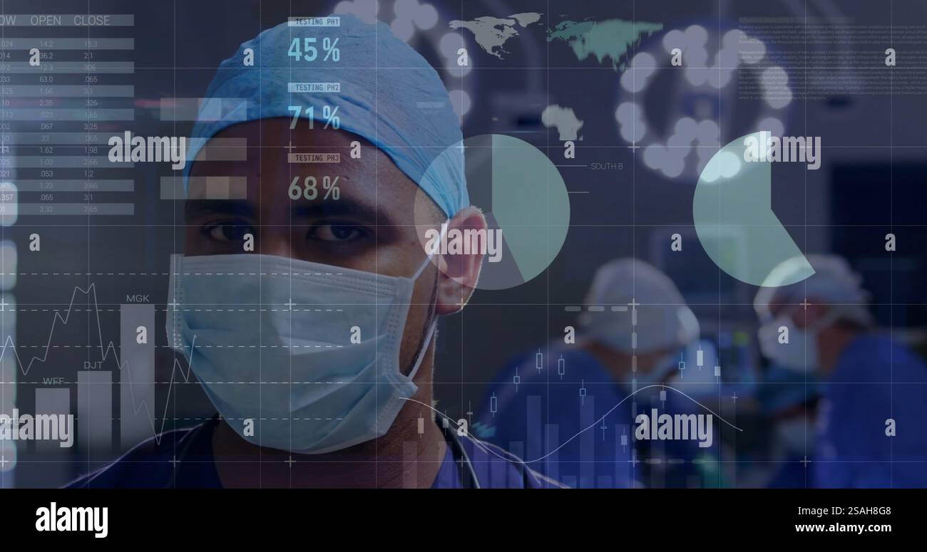 Image of data processing and diagrams over diverse surgeons with face ...