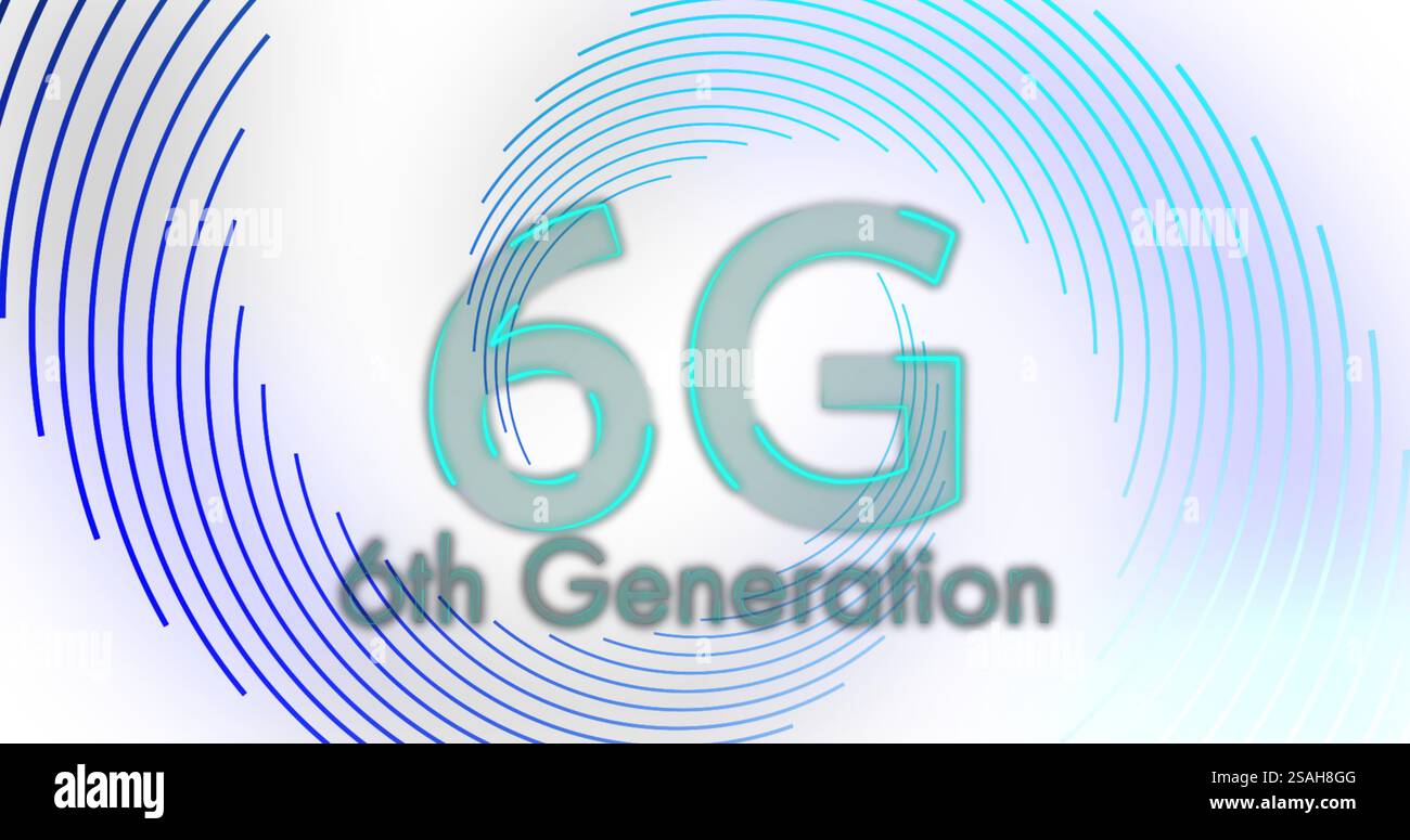 Image of 6g, 6th generation text over blue spiral lines processing on ...