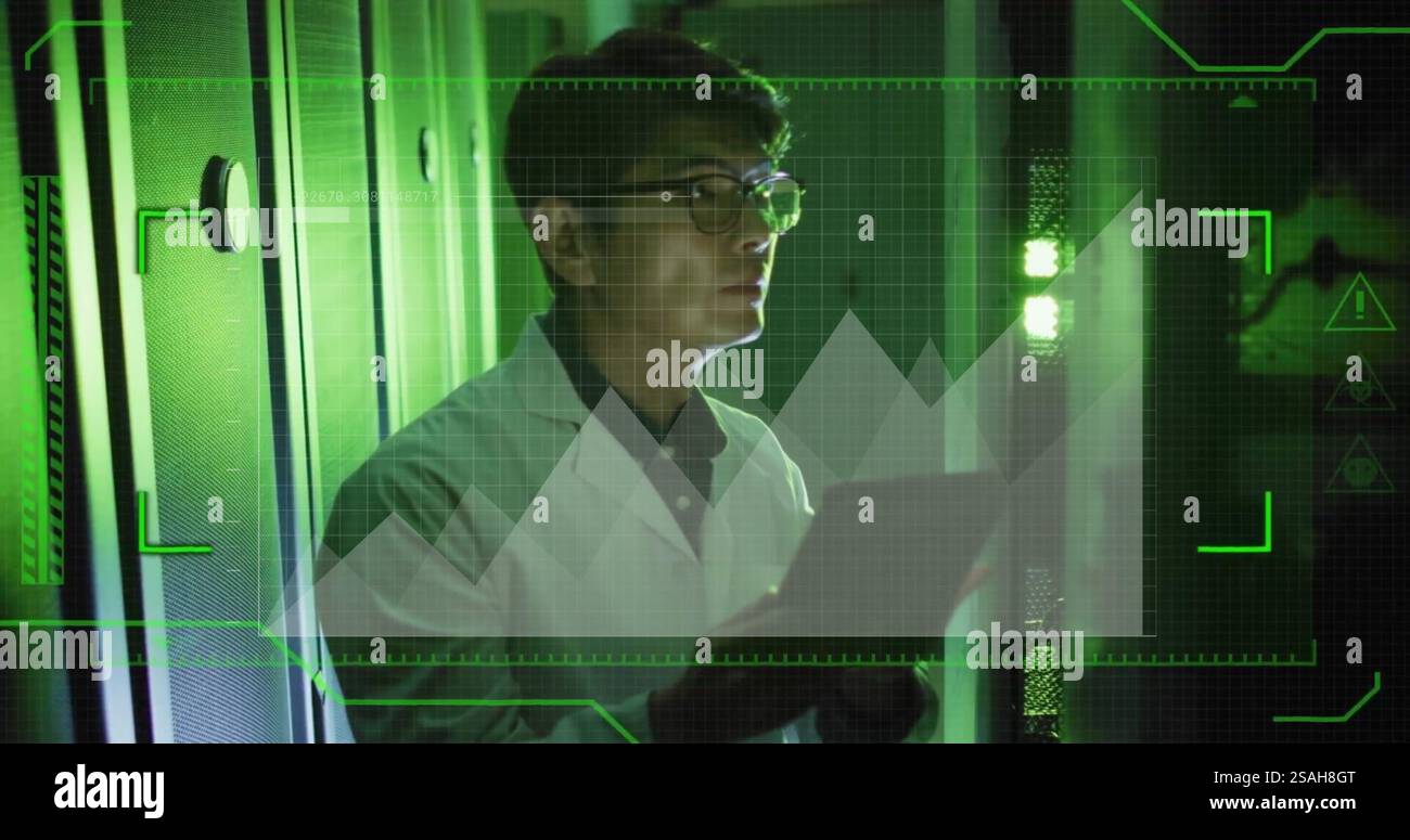 Image of data processing over asian male it technician with tablet over computer servers. Global ...