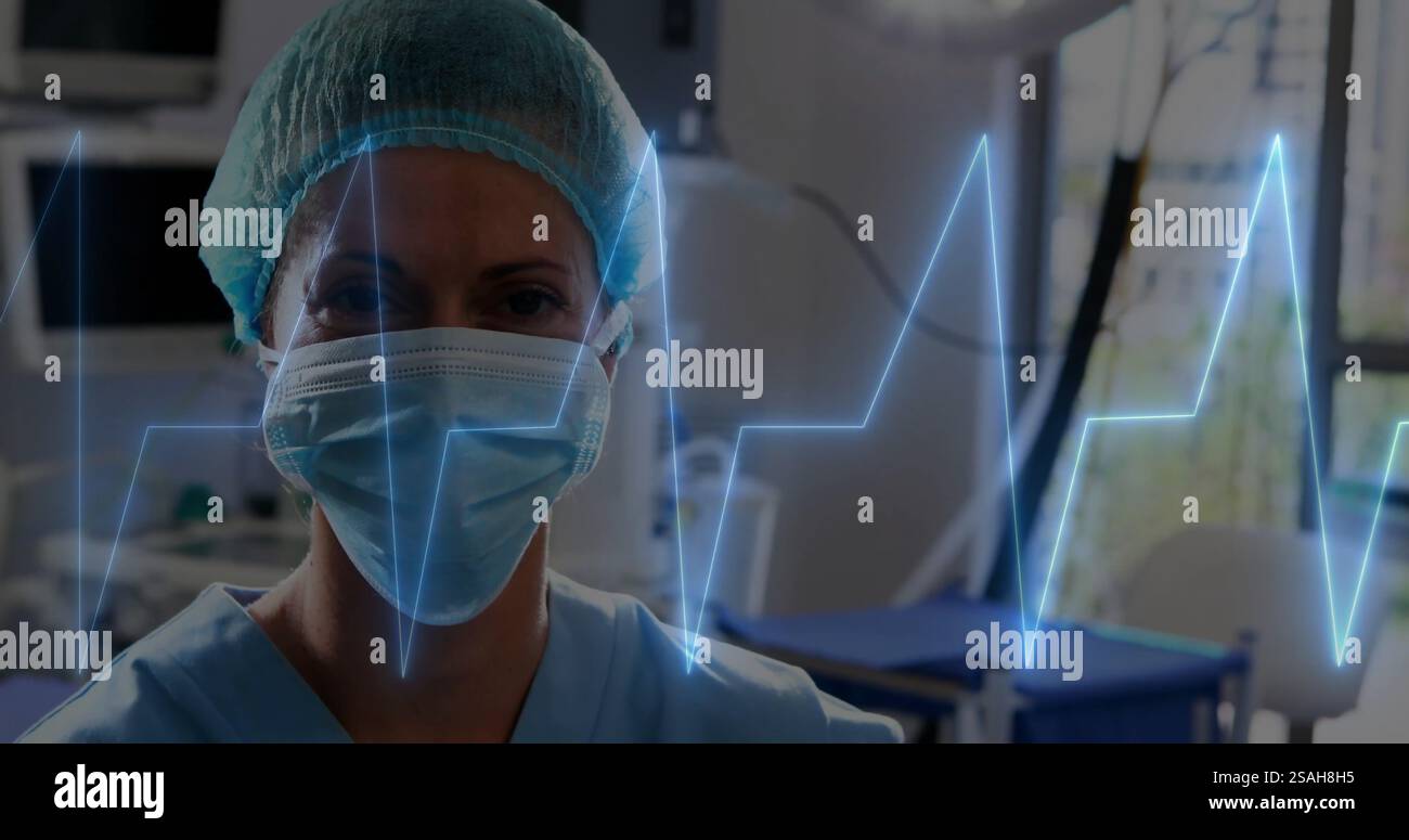 Image of cardiograph over caucasian female doctor with face mask in ...