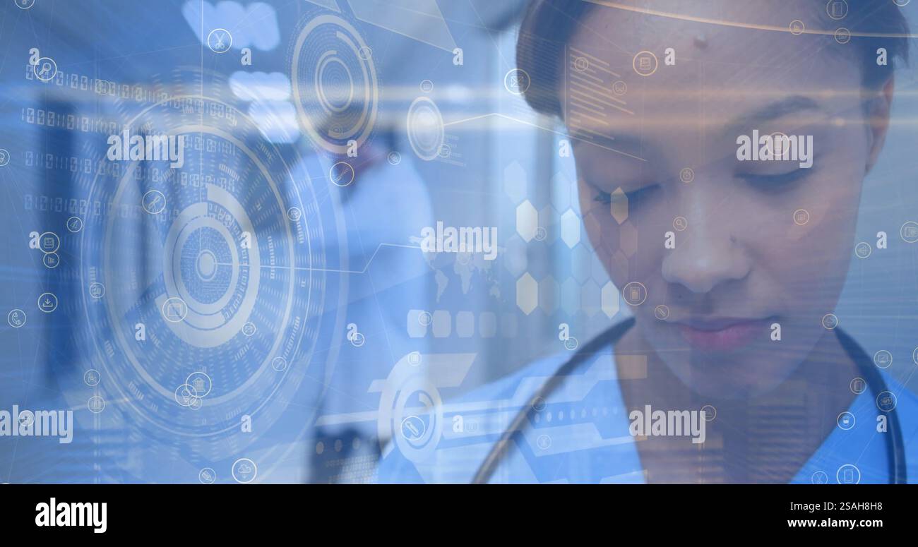 Image of data processing over biracial female nurse with stethoscope ...