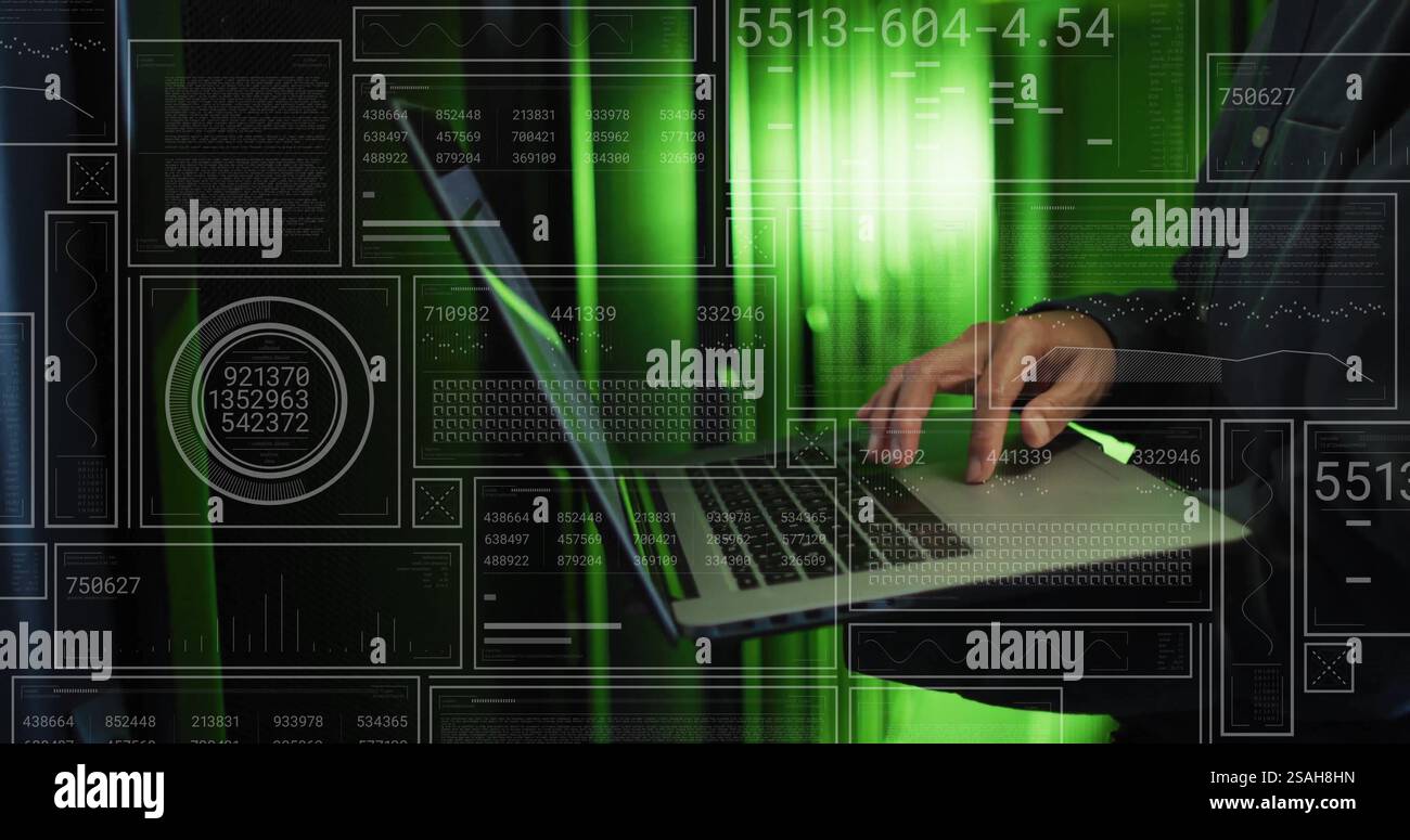 Image of data processing over asian male it technician with laptop over computer servers. Global ...