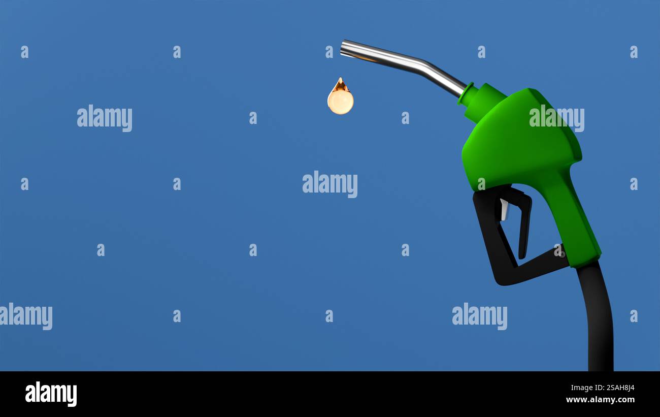 3D model of a green fuel gun with a drop of gasoline on a blue ...