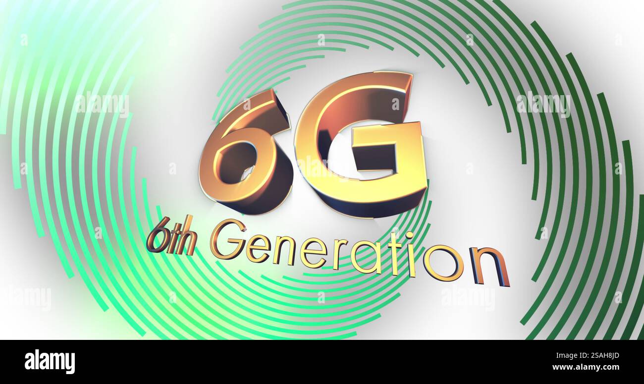 Image of 6g, 6th generation text in gold over green spiral lines ...