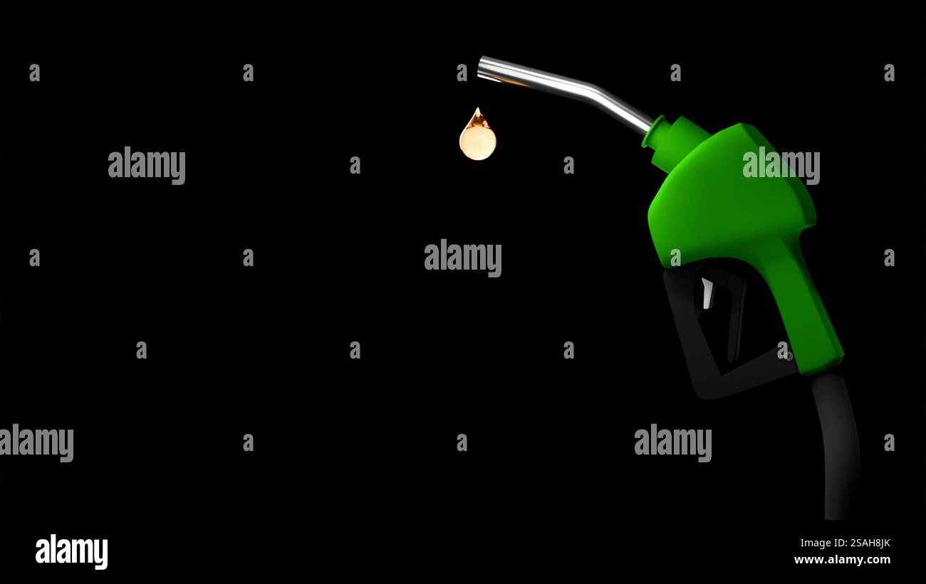 3D model of a green fuel gun with a drop of gasoline on a black ...