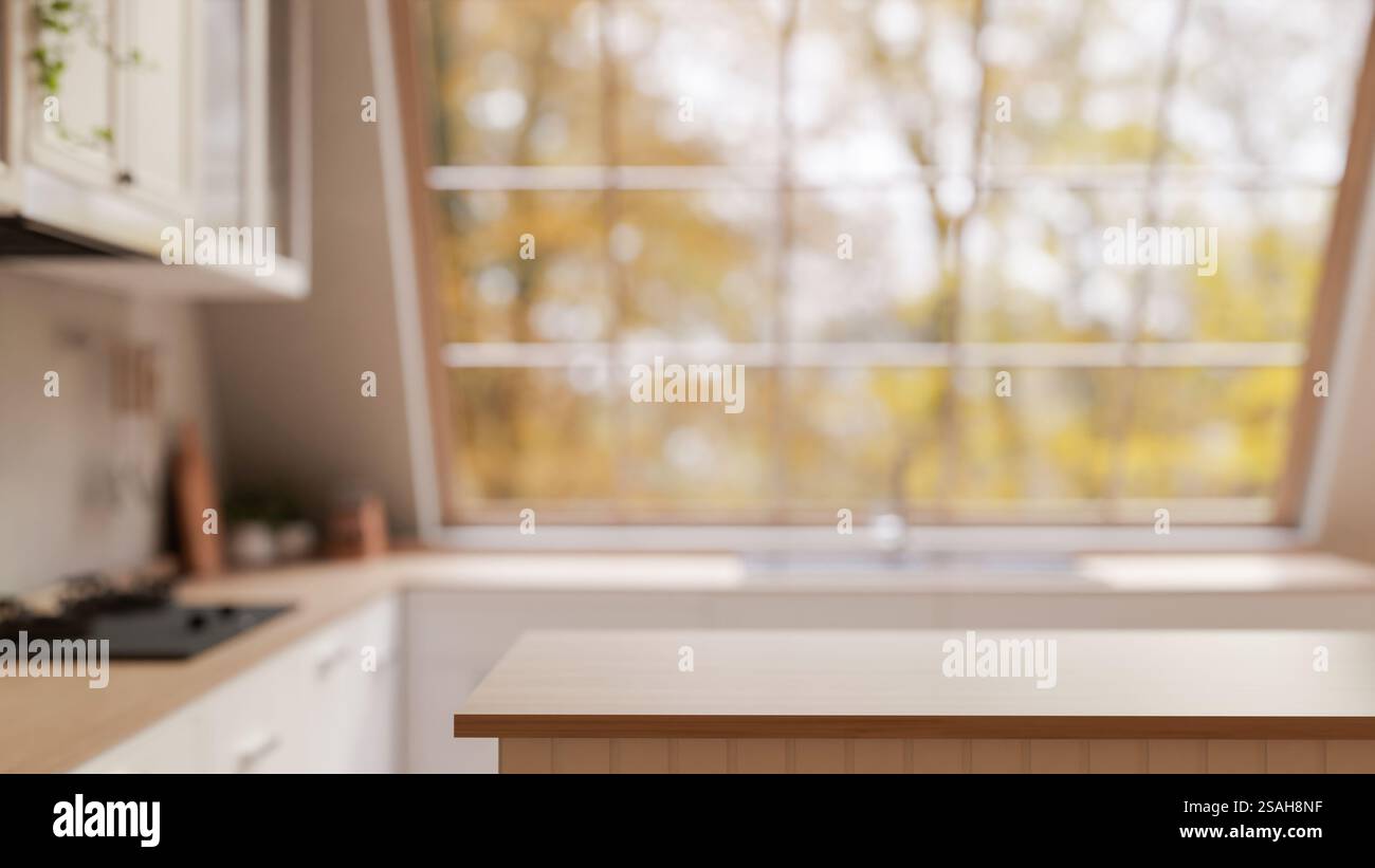 A close-up of a minimalist hardwood kitchen island, set in a ...