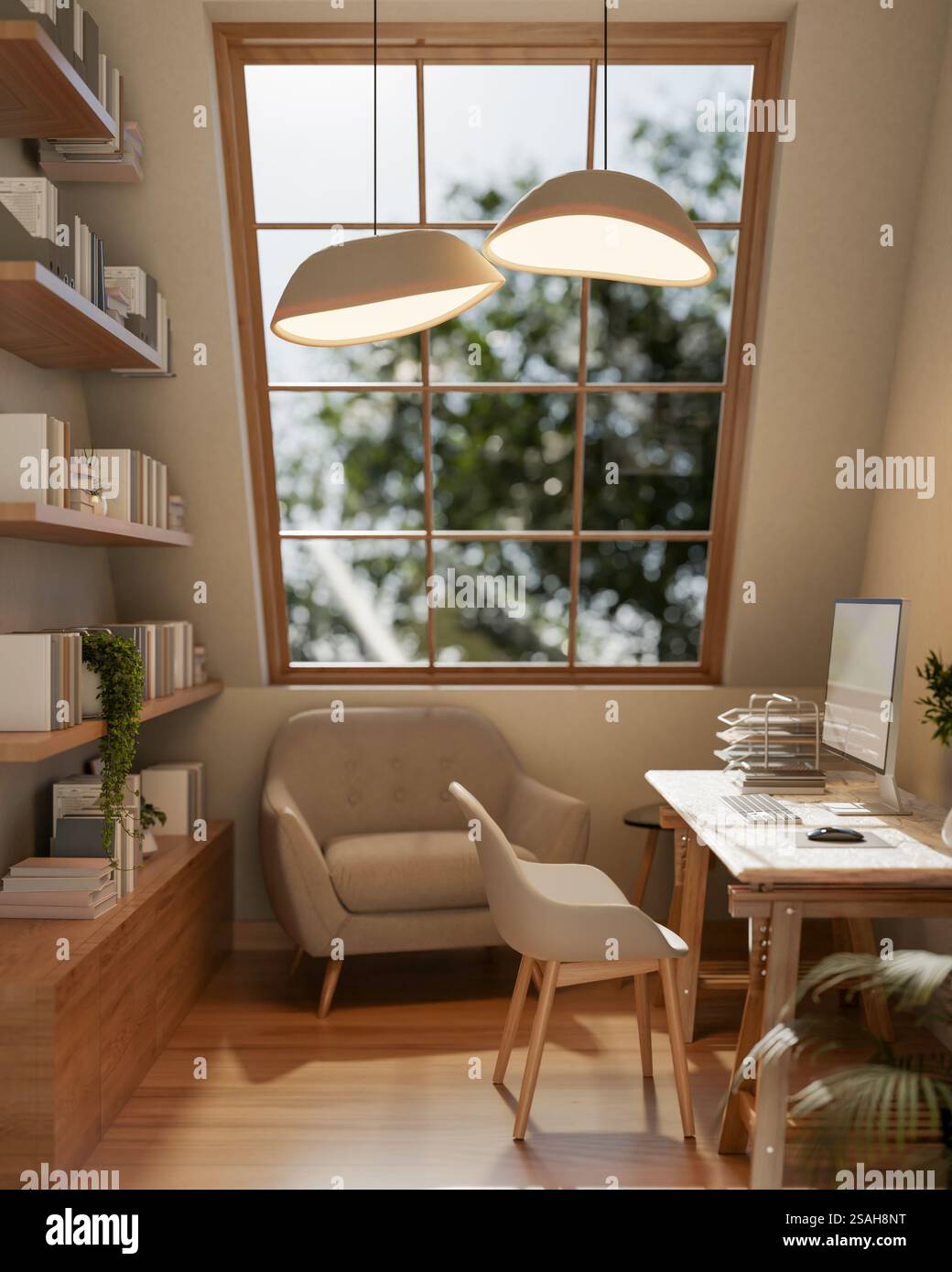 The interior design of a cozy contemporary home office workspace ...