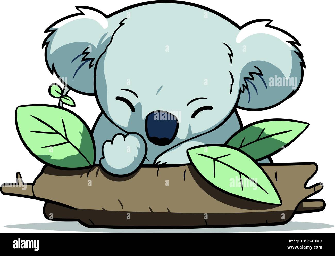 Cute koala sleeping on a branch with leaves. Vector illustration Stock ...