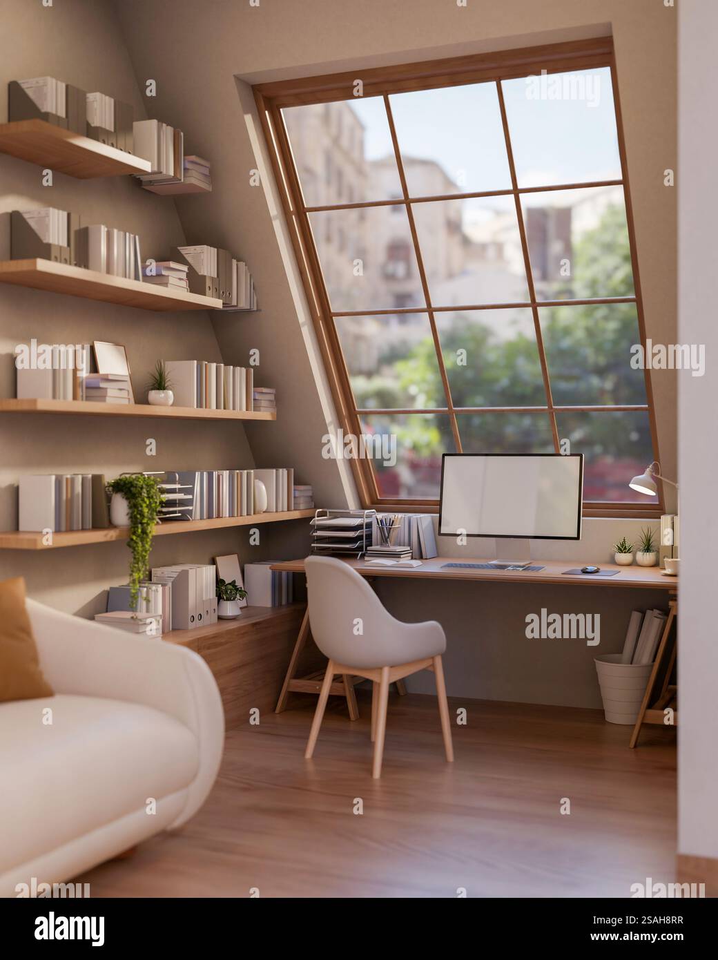 A cozy Scandinavian-style apartment living room features a computer ...