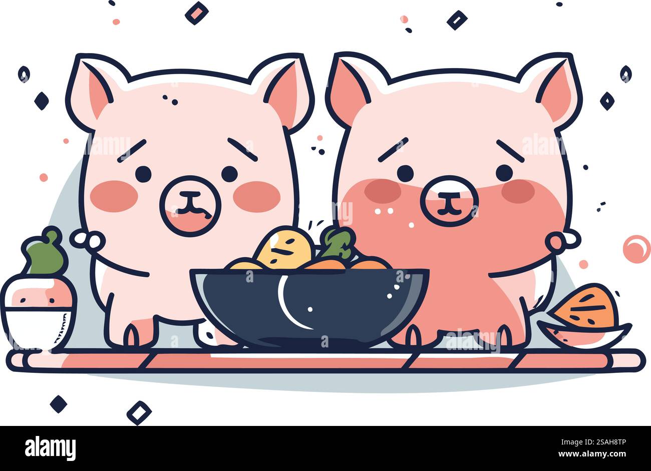 Illustration of cute little pigs eating healthy food. Vector ...