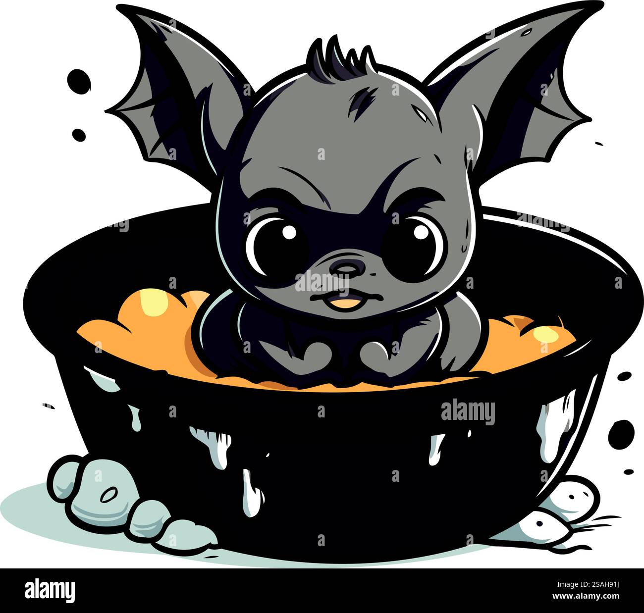 Cute bat in a black bowl with water. Vector illustration Stock Vector ...