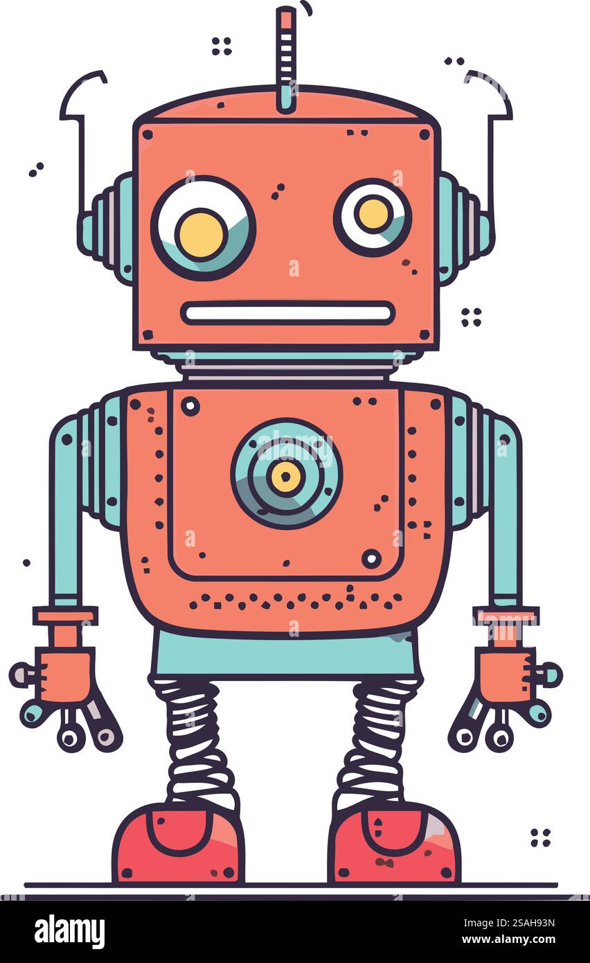 Robot line art vector illustration. Cute cartoon robot flat design ...