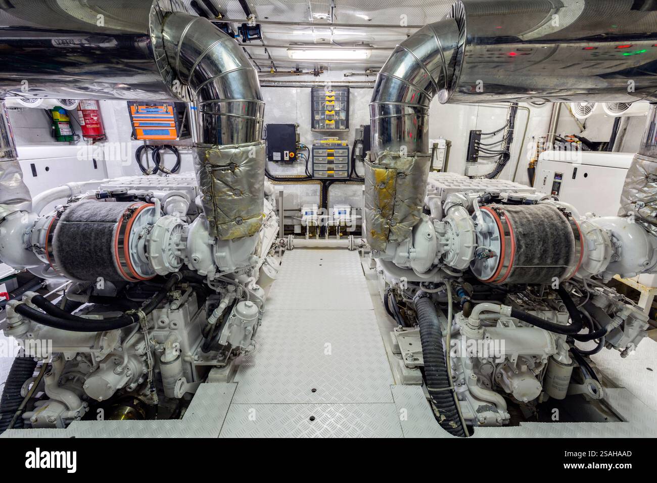 Interior of a luxury yacht ship engine room of a motorboat Stock Photo ...