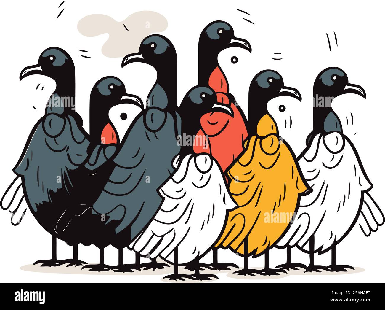 Vector illustration of a group of birds. Hand drawn cartoon style Stock ...