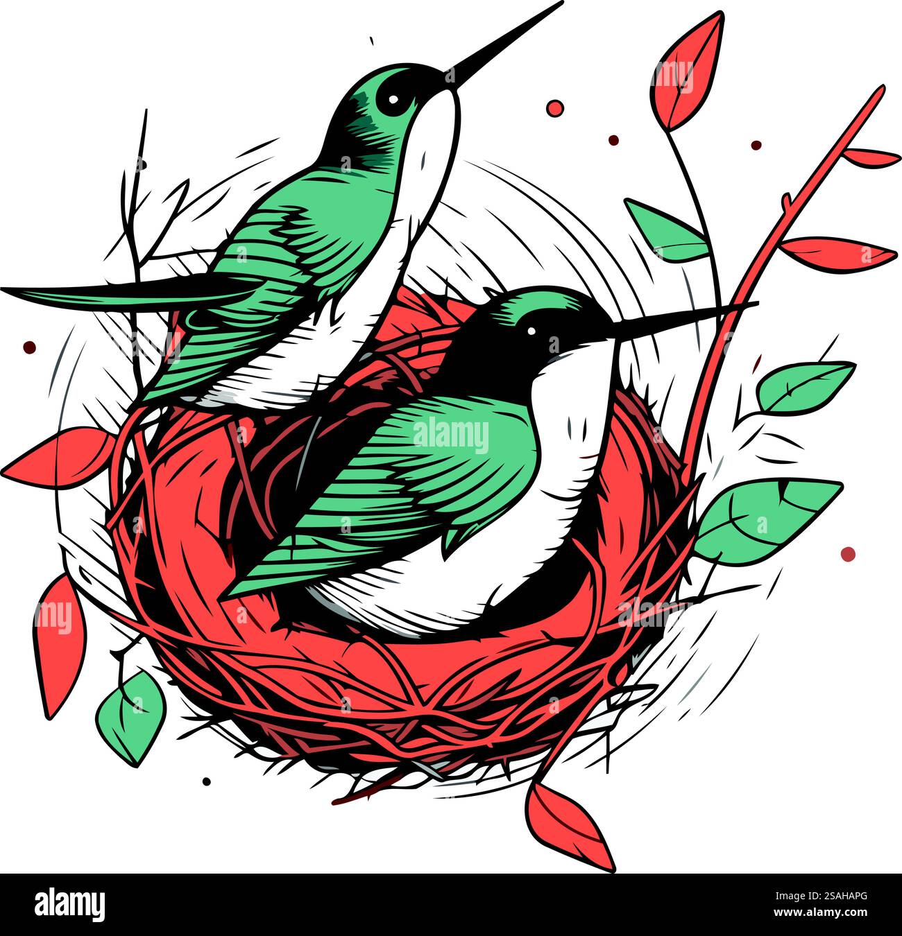 Hummingbirds in nest. Hand drawn vector illustration in sketch style ...