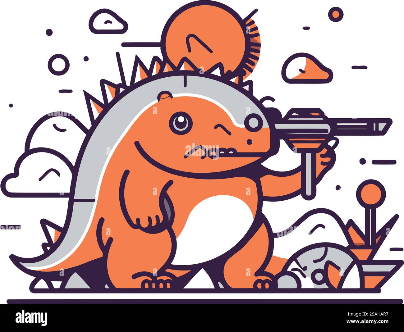 Vector illustration of a cute dinosaur with a gun in his hand Stock ...