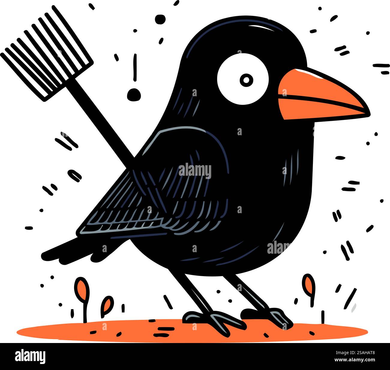 Cute black bird with rake. Vector illustration in cartoon style Stock ...
