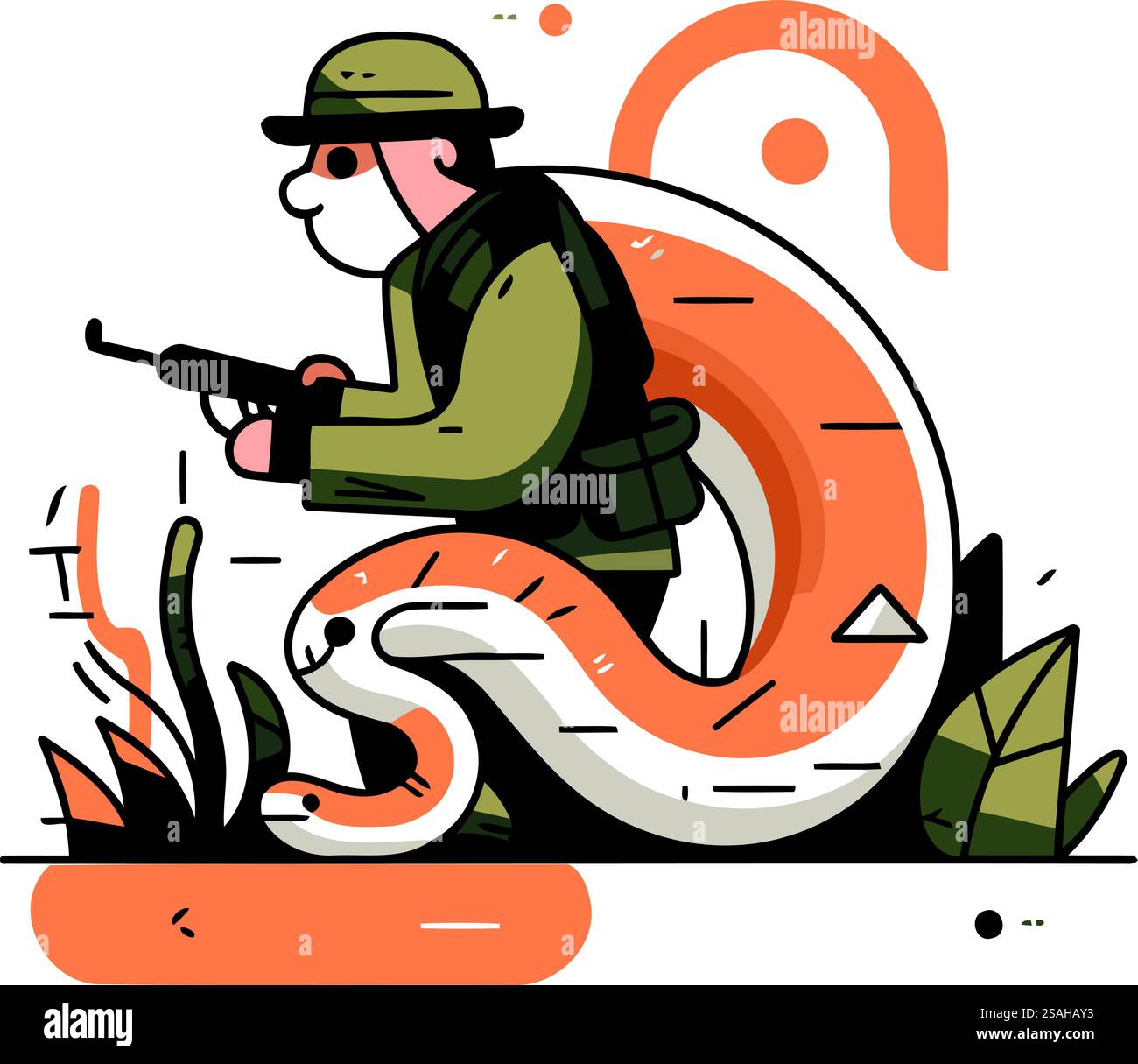 Vector illustration of a hunter with a gun in his hand and a snake ...