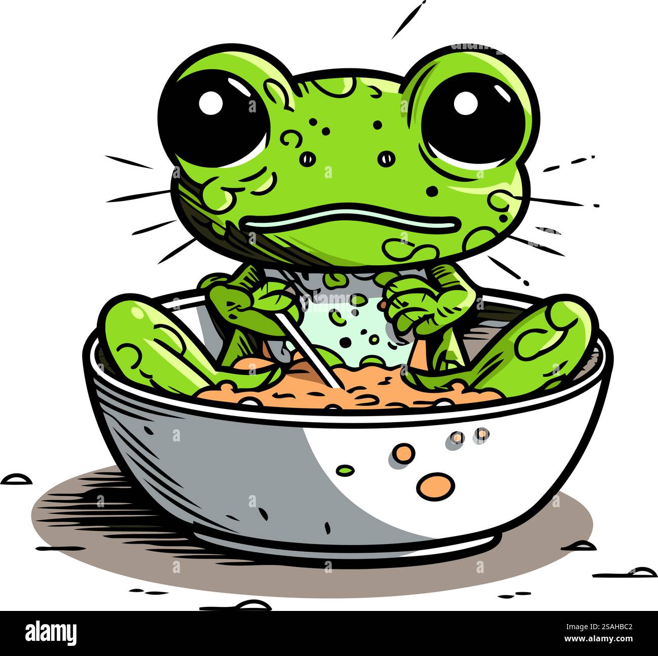 Frog in bowl with rice. Vector illustration of a cartoon frog Stock ...