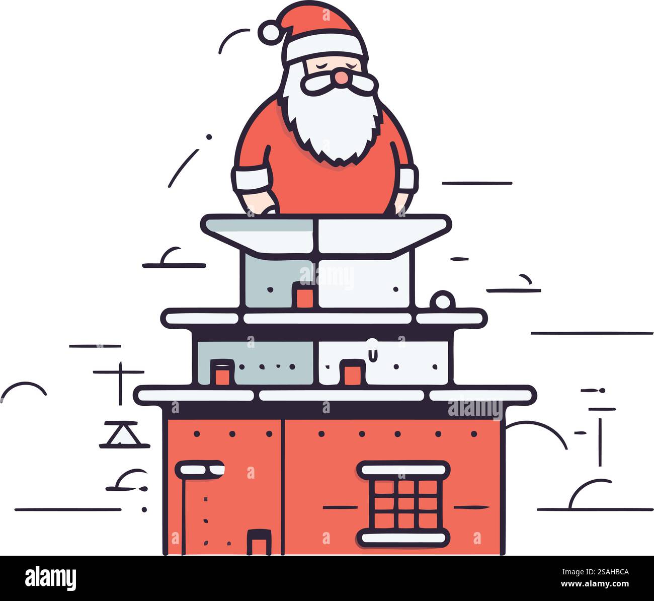 Santa Claus making a snowman on top of the chimney. Vector illustration ...