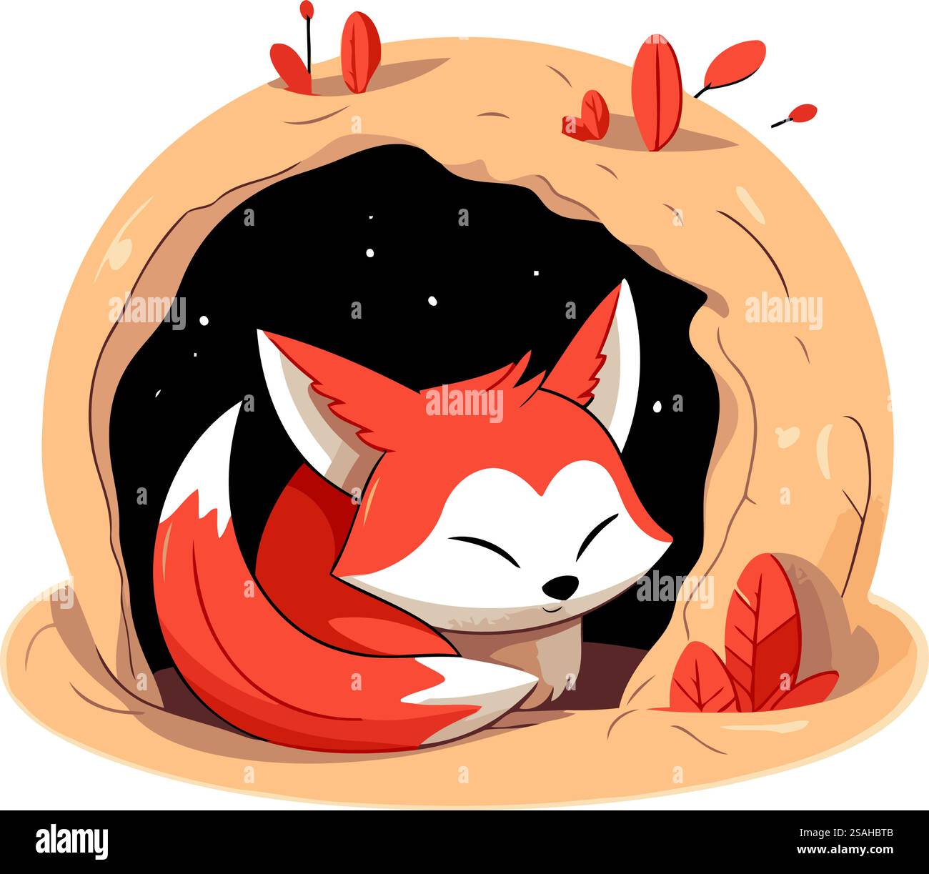 Cute fox sleeping in a cave. Vector illustration in cartoon style Stock ...