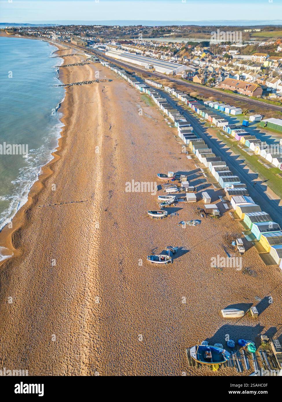 aerial view of the shingle beach at bulverhythe on the east sussex ...