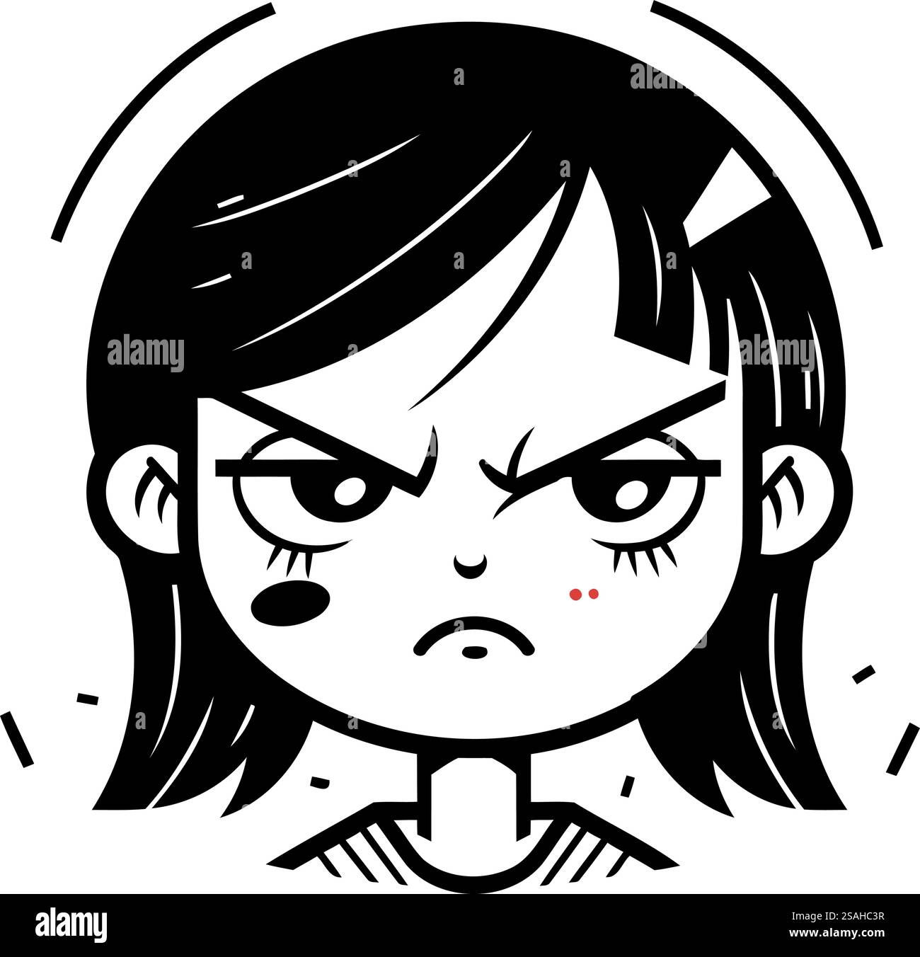 Angry girl face vector illustration in cartoon style. Black and white ...